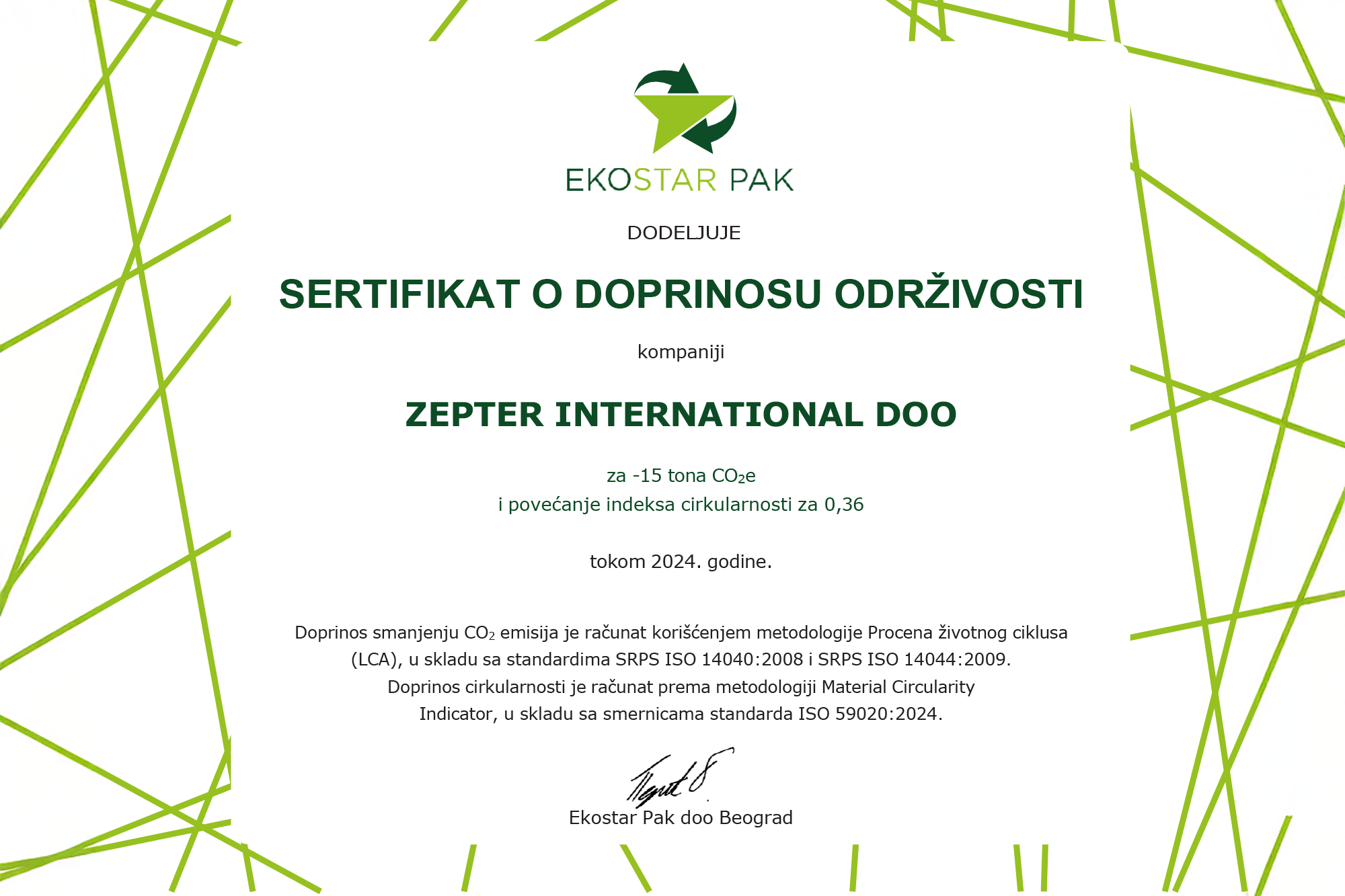 ZEPTER INTERNATIONAL DOBIO SERTIFIKAT O DOPRINOSU ODRŽIVOSTI